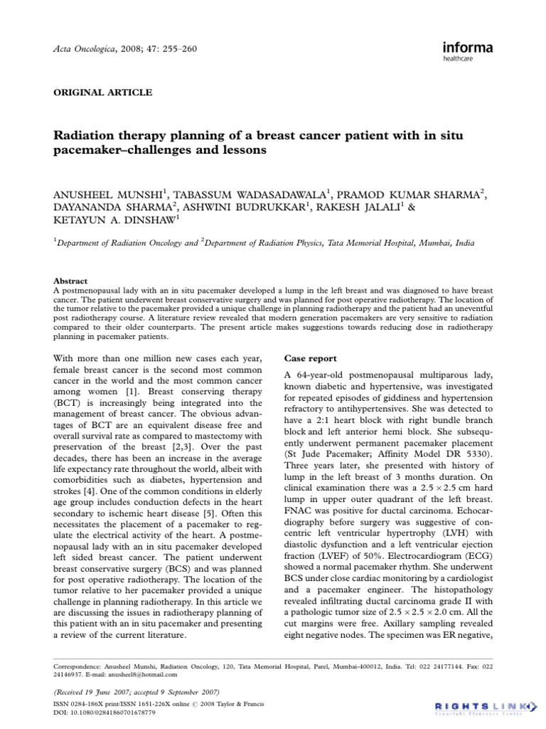 Radiation Therapy Planning of A Breast Cancer Patient With in Situ Pacemaker Challenges and ...