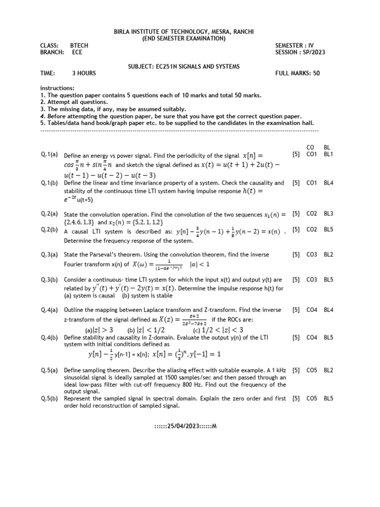 BTech ECE Signals and Systems Exam Guide | PDF | Convolution | Fourier ...