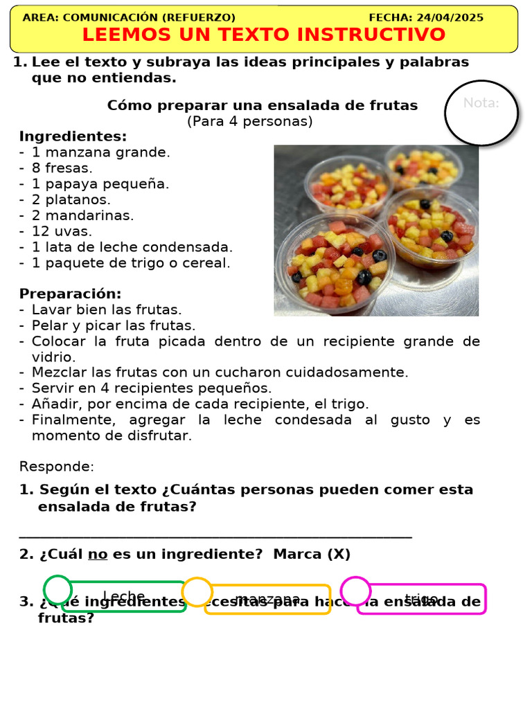 JUEVES 24 ABRIL FICHA REF COM TEXTO INSTRUCTIVO ENSALADA DE FRUTA | PDF ...