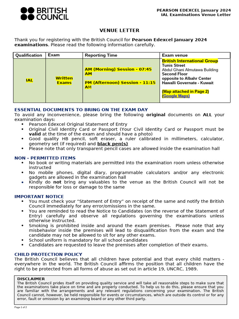 Ial Edexcel Jan 2024 - Venue Letter - Big 3 | PDF