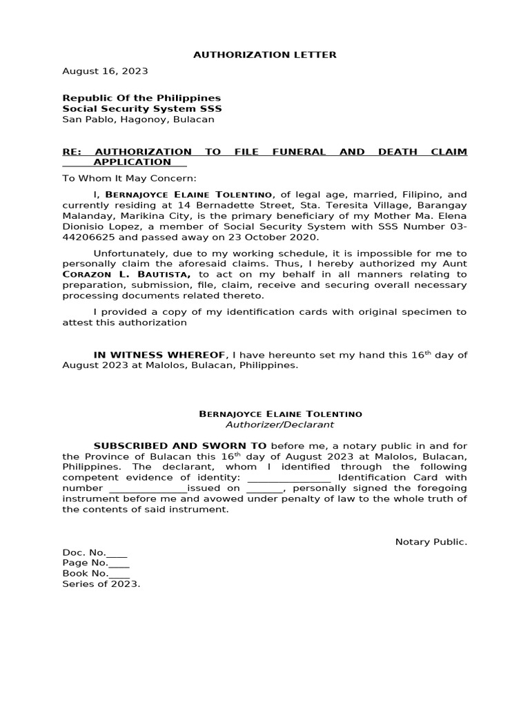 Authorization Letter - Claim Sss | PDF
