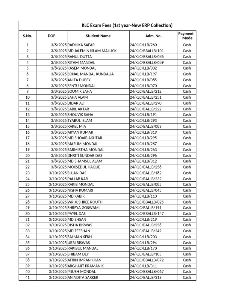 KLC Exam Fees List (1st Year) | PDF