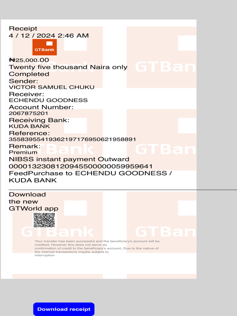 GTBank Transfer Receipt to Kuda Bank | PDF