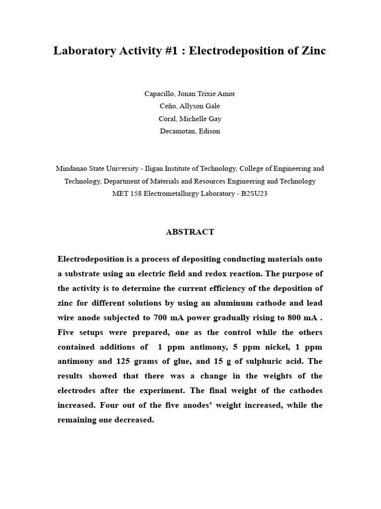 Electrometallurgy 1st Experiment Laboratory Report | PDF | Anode | Electrode