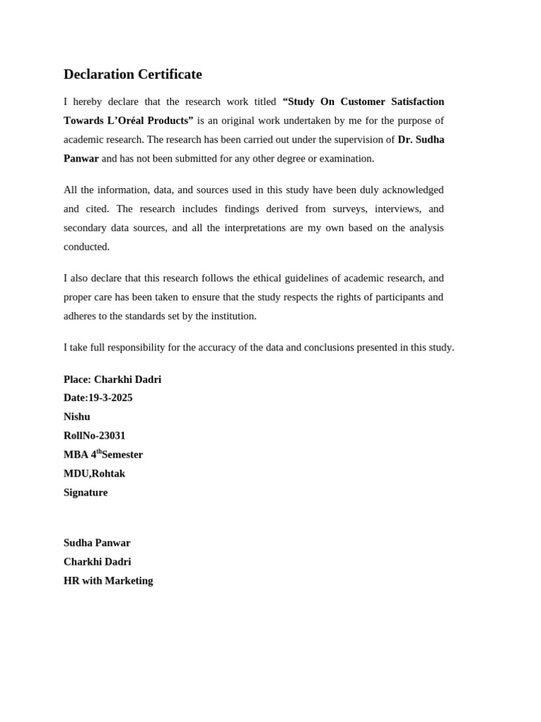 Declaration - Certificate Nishu | PDF