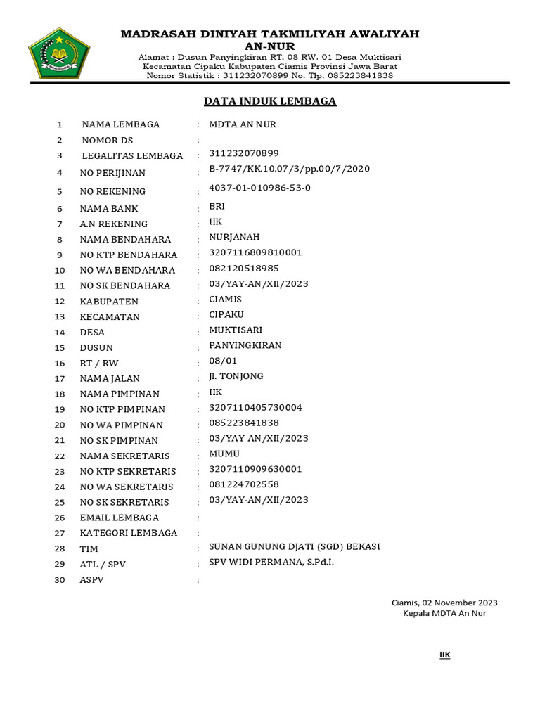 Form Data Induk Mdta An Nur | PDF