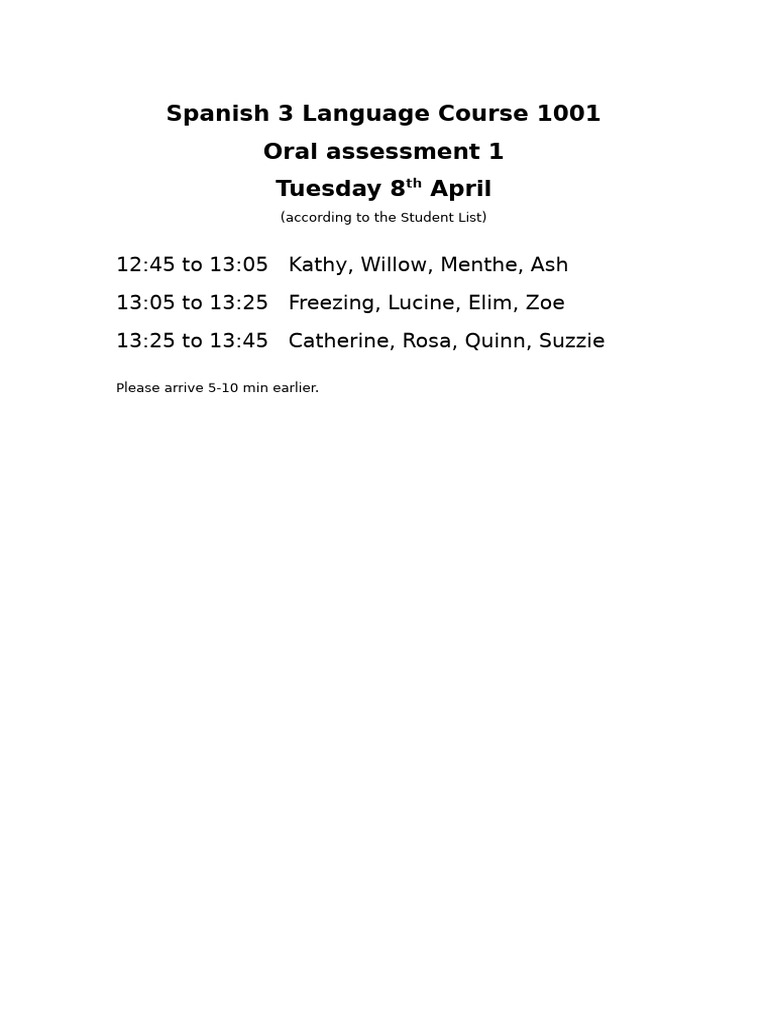 Spanish 3 Oral Assessment Schedule | PDF
