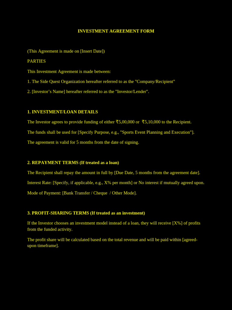 Investment Agreement Form-1 | PDF