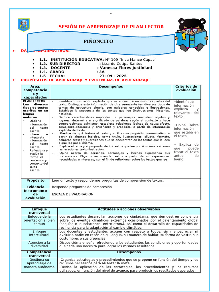 LUNES 21 DE ABRIL SESION PLAN LECTOR PIÑONCITO CAP 3 | PDF | Aprendizaje | Evaluación