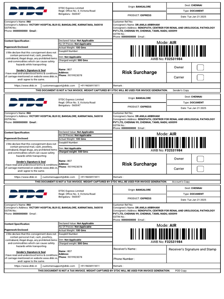 DTDC Express Document: Bangalore to Chennai | PDF | Mail