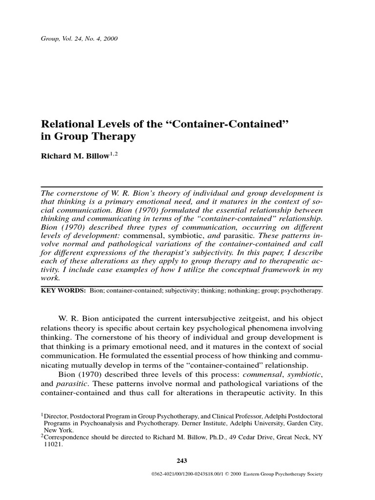 Container-Contained in Group Therapy | PDF | Psychotherapy | Psychoanalysis