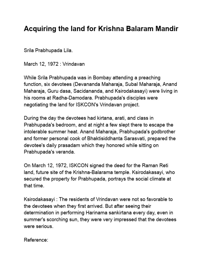 Acquiring The Land For Krishna Balaram Mandir | PDF | Theistic Indian Philosophy | Forms Of Vishnu