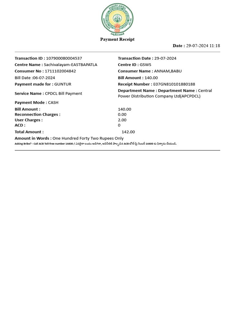Payment Receipt Date:: Asking Bribe? - Call ACB Toll-Free Number 14400 ...