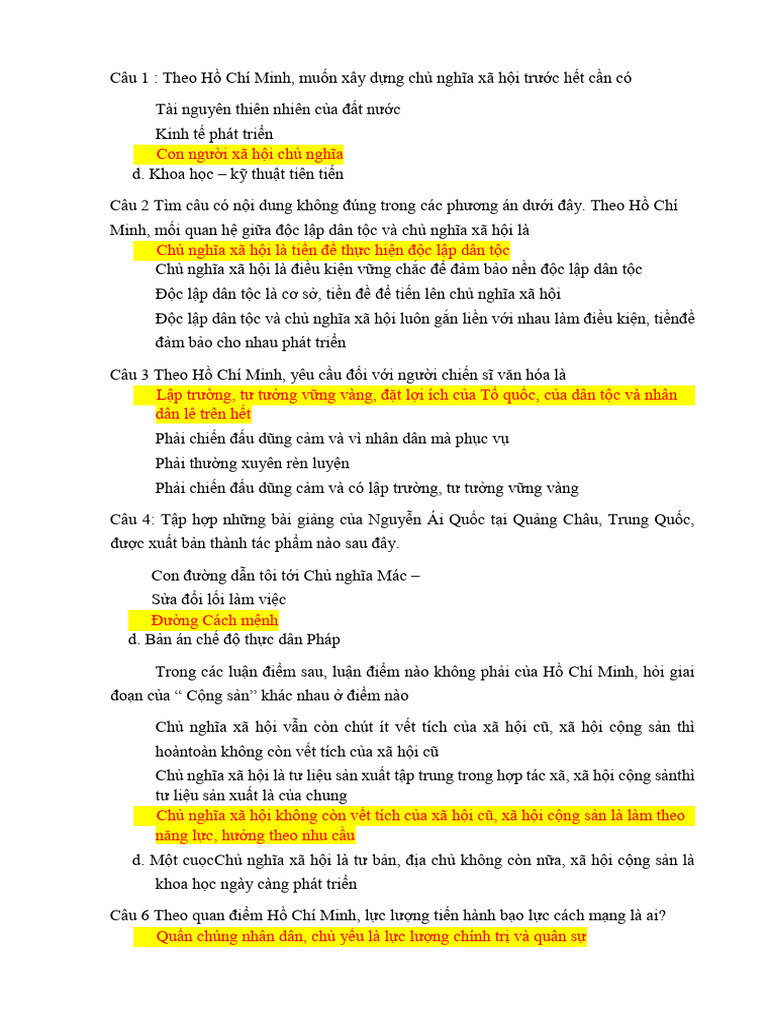 Tong Hop Cau Hoi Trac Nghiem Tu Tuong Ho Chi Minh Truong Dai Hoc Thuy 77993 | PDF