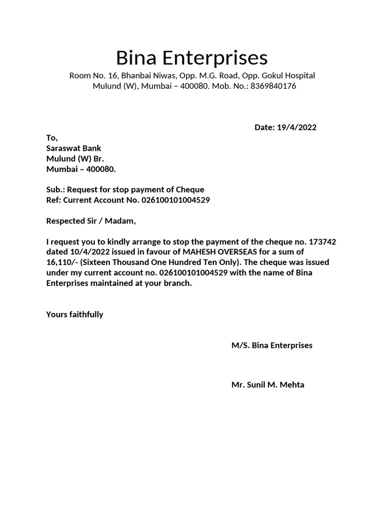 Stop Payment Request for Cheque | PDF