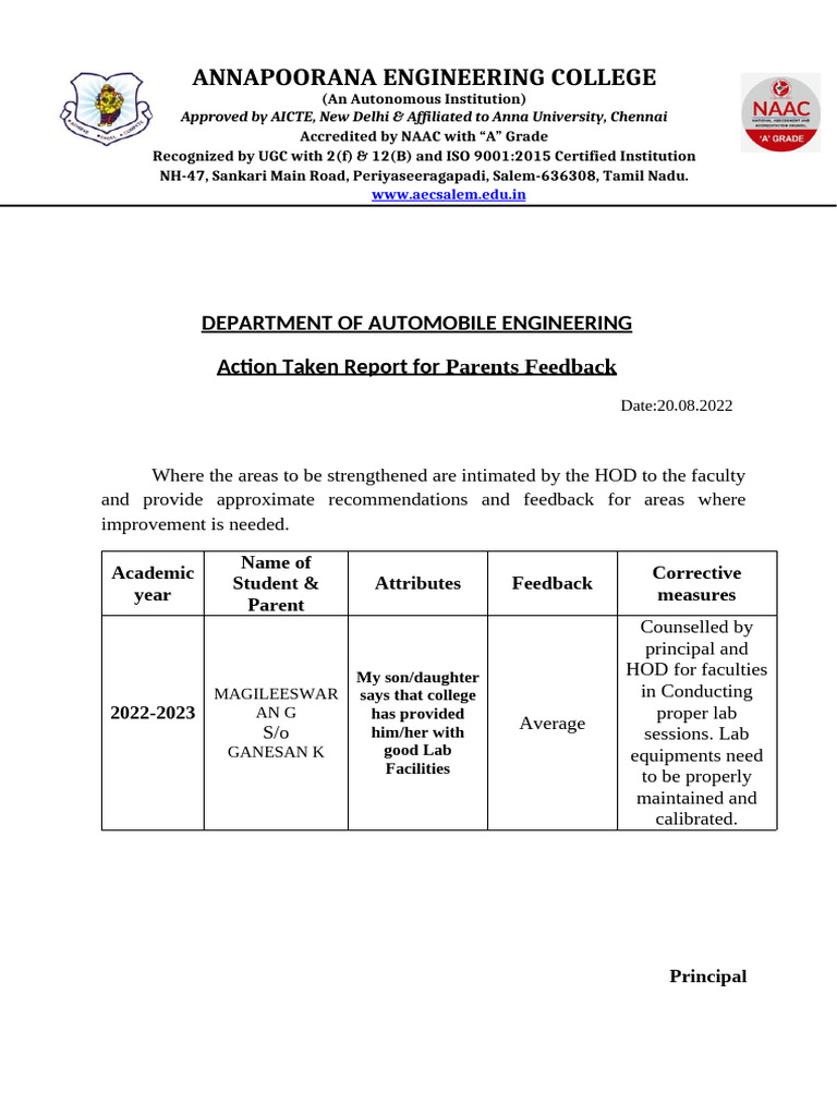 Action Taken Report Parents Feedback 22-23 | PDF | Educational Stages ...