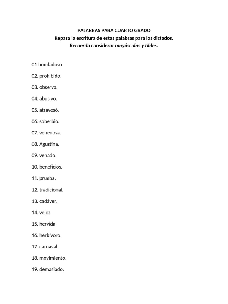 Palabras para Dictado Cuarto Grado | PDF