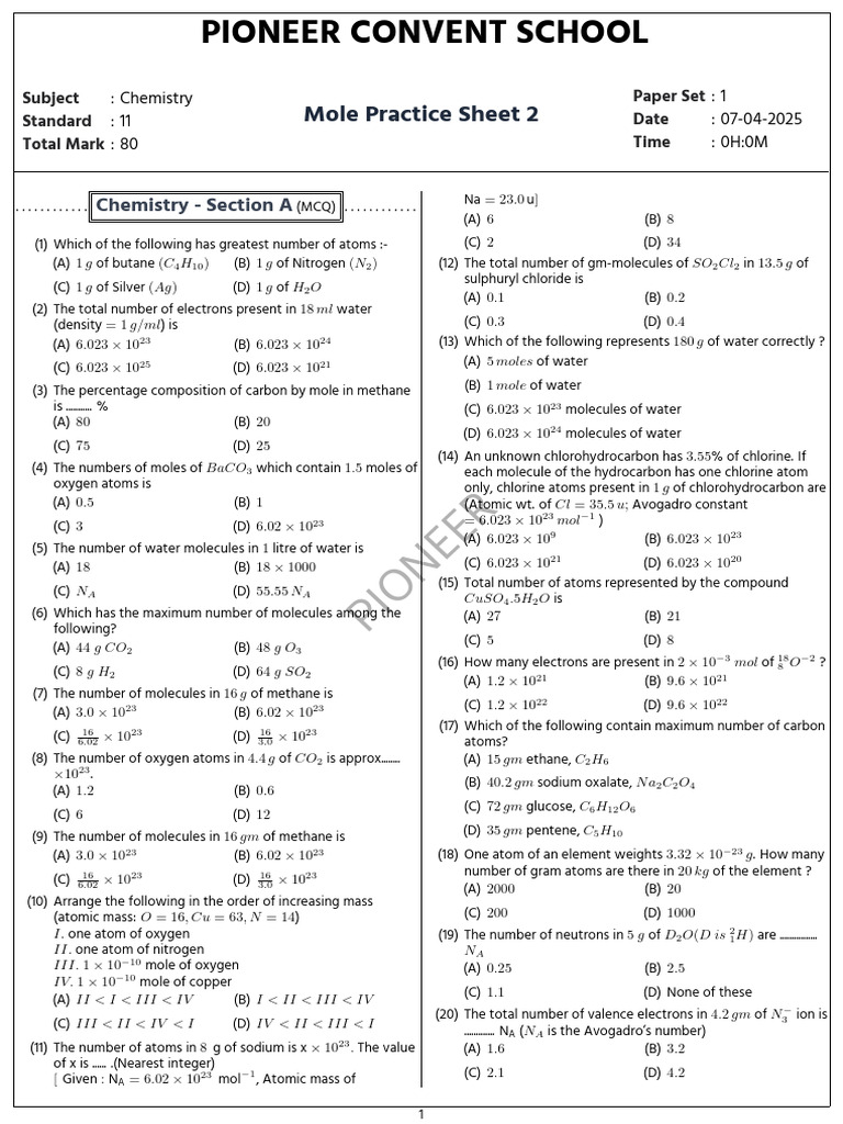 Mole_Practice_Sheet_2_1744018929 | PDF | Mole (Unit) | Chlorine