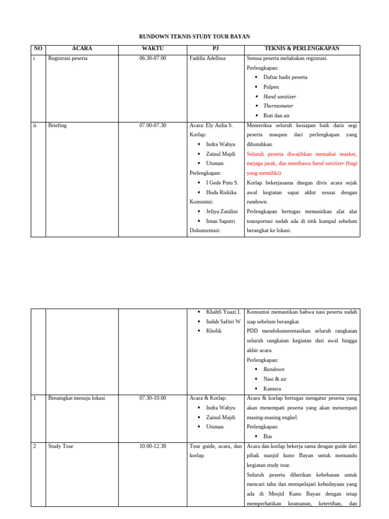 Rundown Teknis Study Tour Bayan | PDF