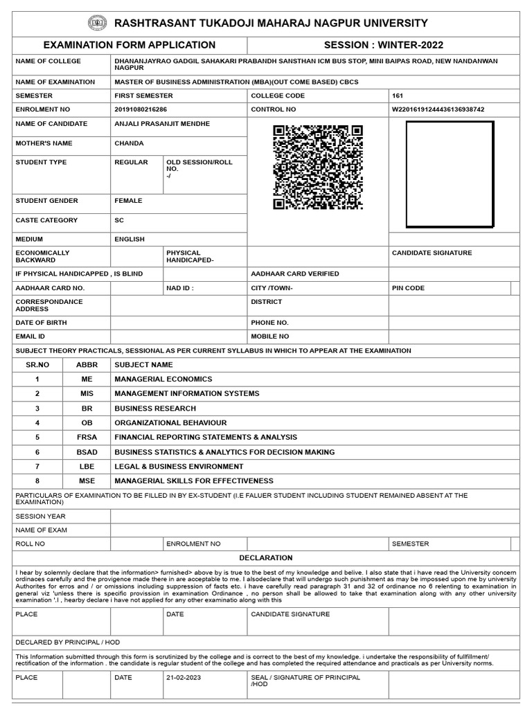 1st Sem Exam Form W-22 | PDF | Master Of Business Administration | Economics