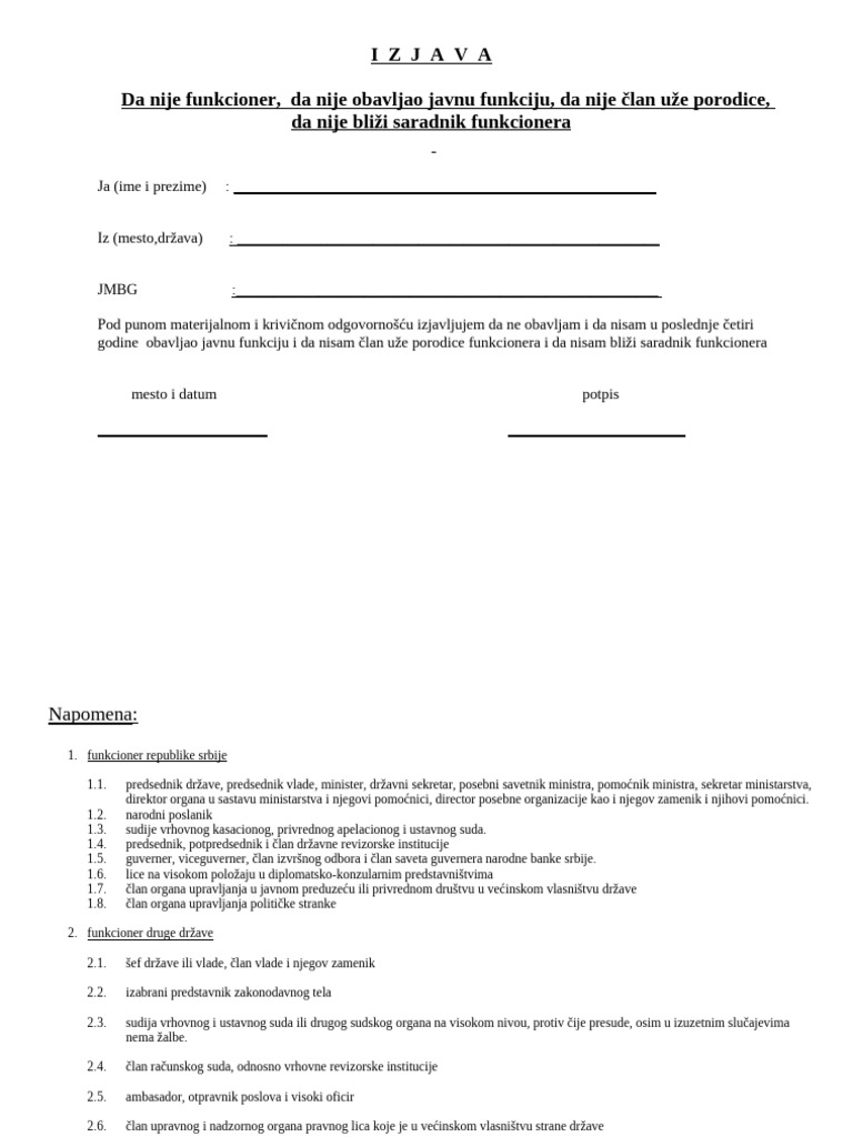 5.1 - Izjava Da Nije Funkcioner | PDF