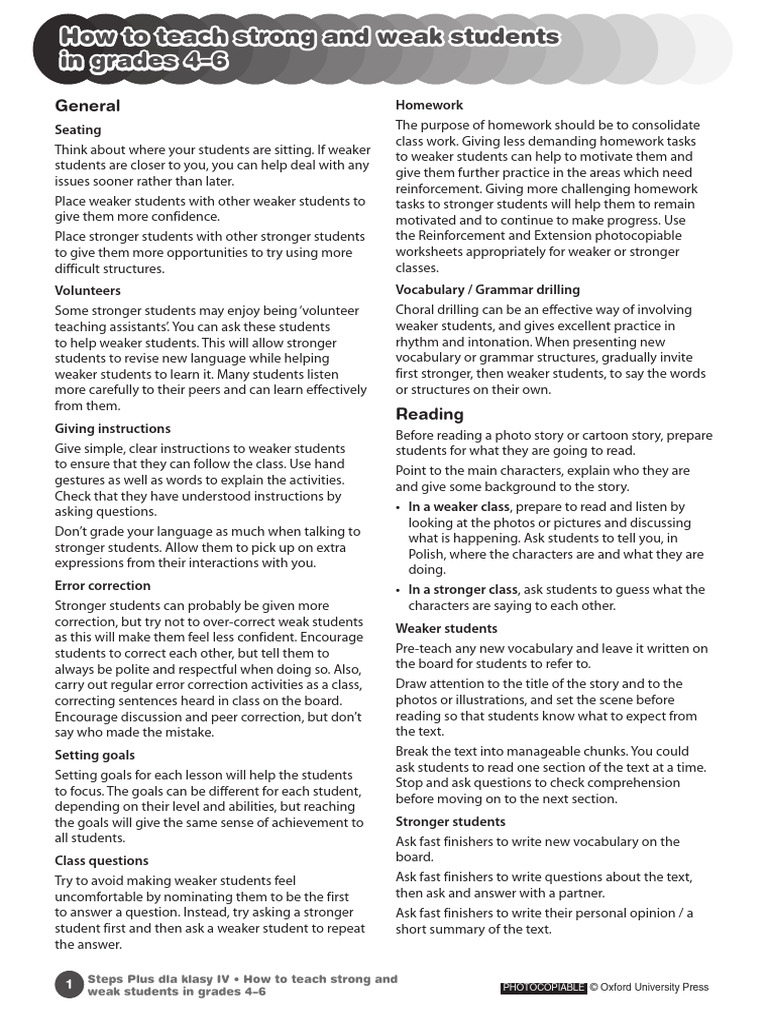 How to teach strong and weak students | PDF | Reading Comprehension | Behavior Modification