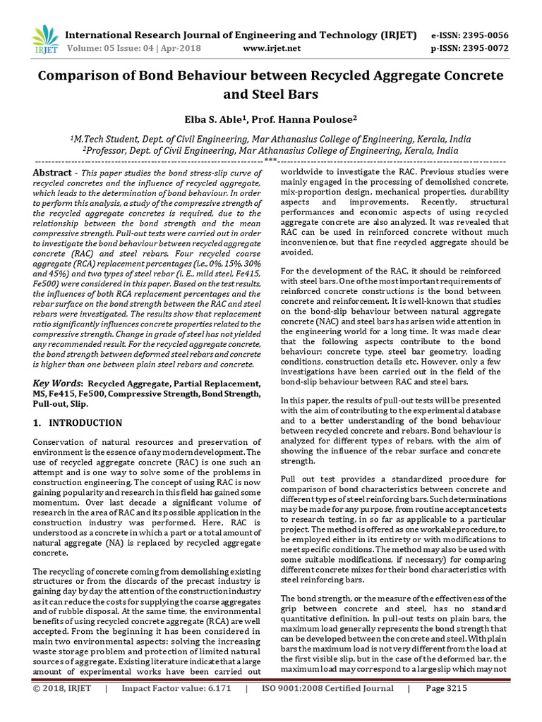 Bond Between RAC and Steel Bars | PDF | Concrete | Strength Of Materials