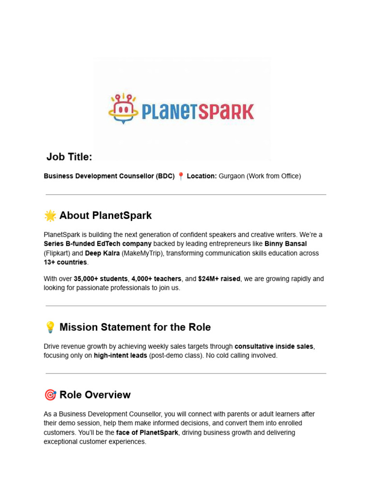 Business Development Counsellor Role at PlanetSpark | PDF | Business
