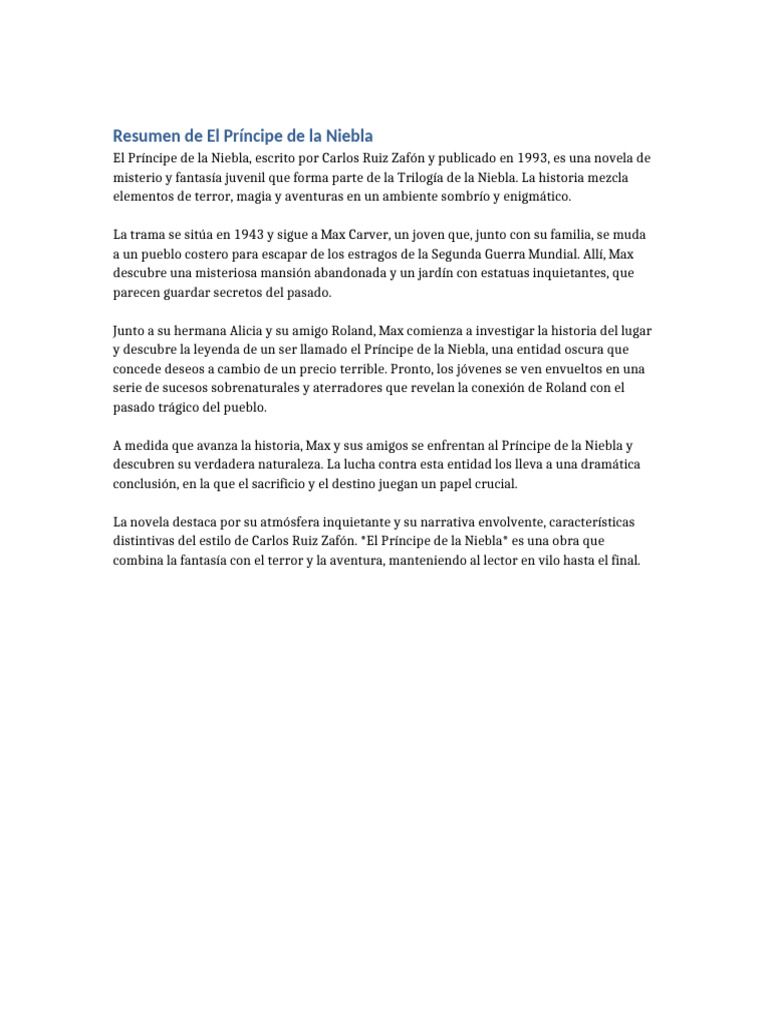 Resumen El Principe de La Niebla | PDF