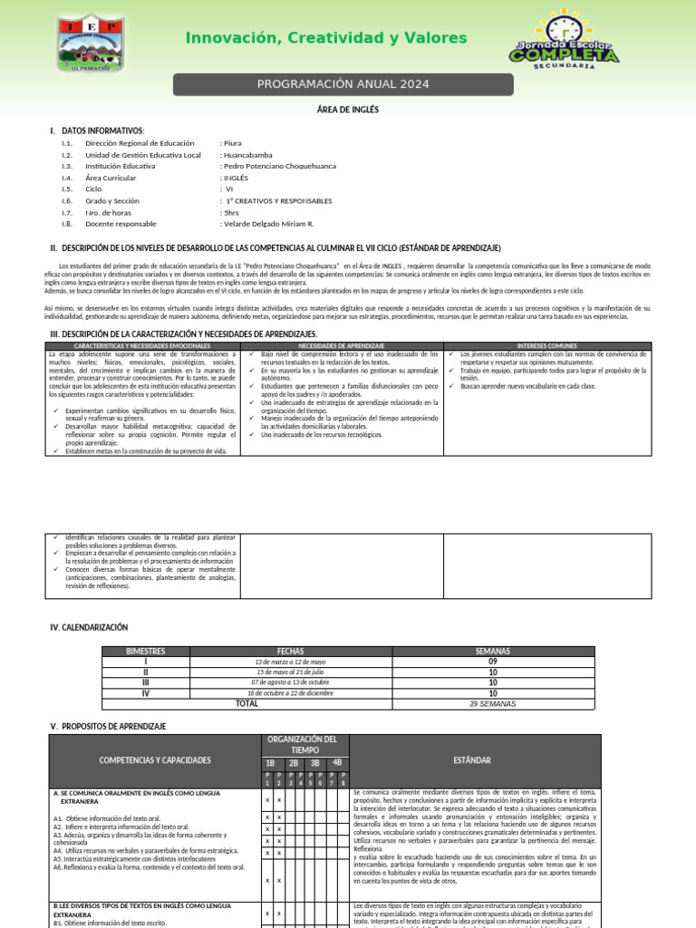 PROGRAM ANUAL-INGLÉS- 1ERO SEC | PDF | Evaluación | Aprendizaje