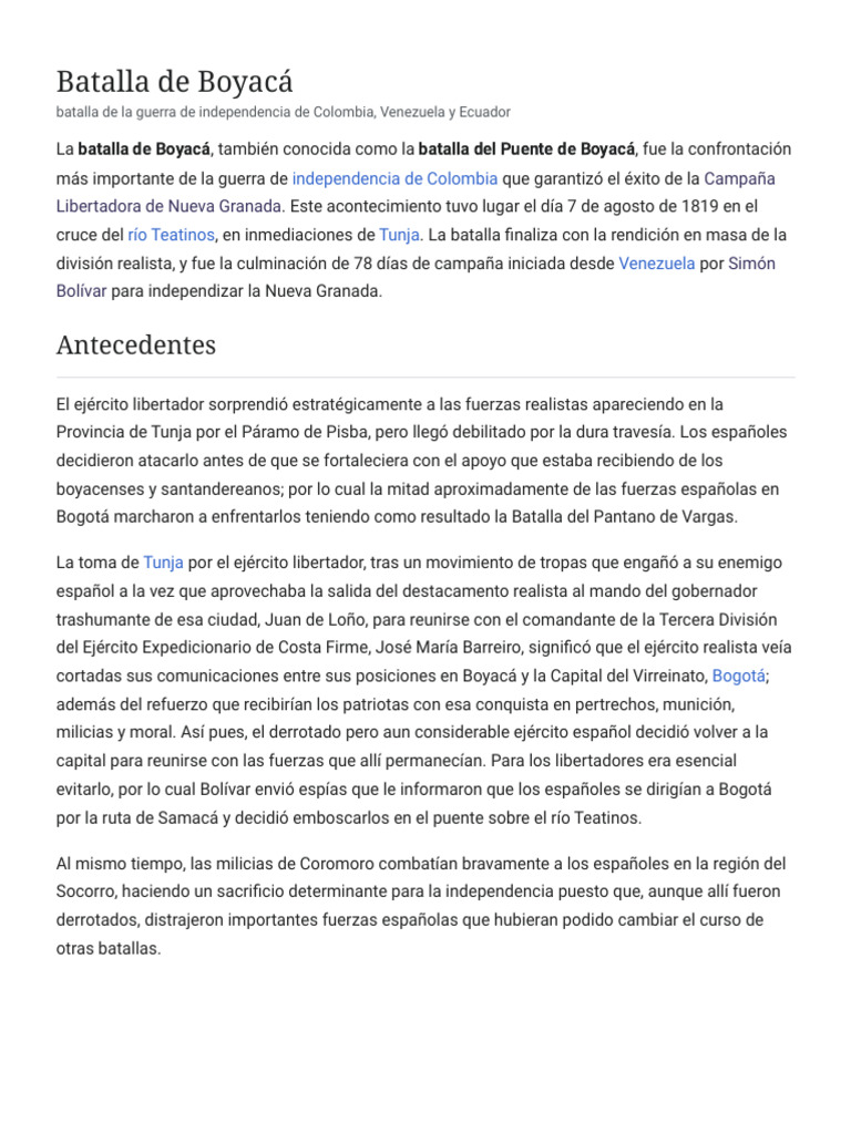 Batalla de Boyacá - Wikipedia, La Enciclopedia Libre | PDF | Antiguas colonias españolas ...