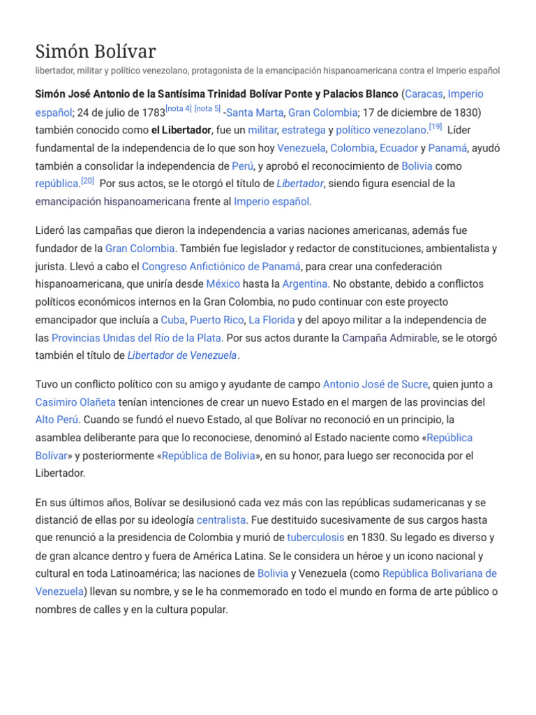 Simón Bolívar - Wikipedia, La Enciclopedia Libre | PDF