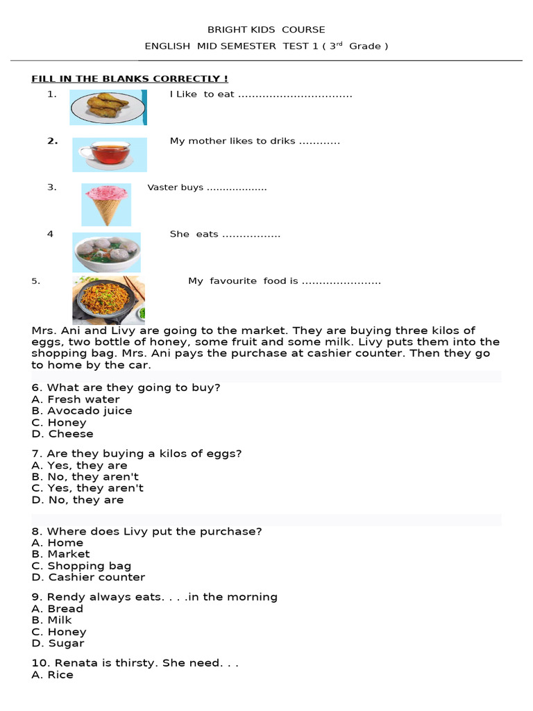 BRIGHT KIDS COURSE (ENGLISH TEST FOR 3rd Grade ) | PDF | Foods | Food ...