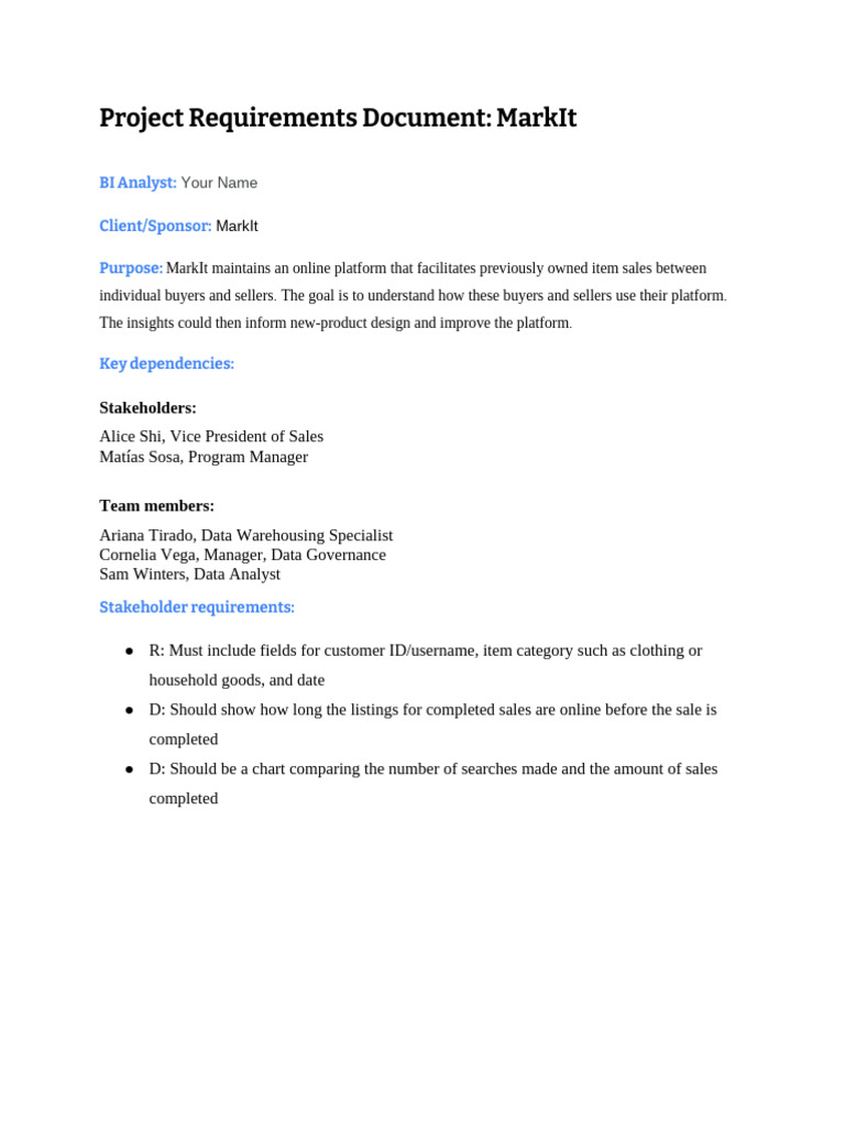 Activity Exemplar - Project Requirements Document - MarkIt | PDF