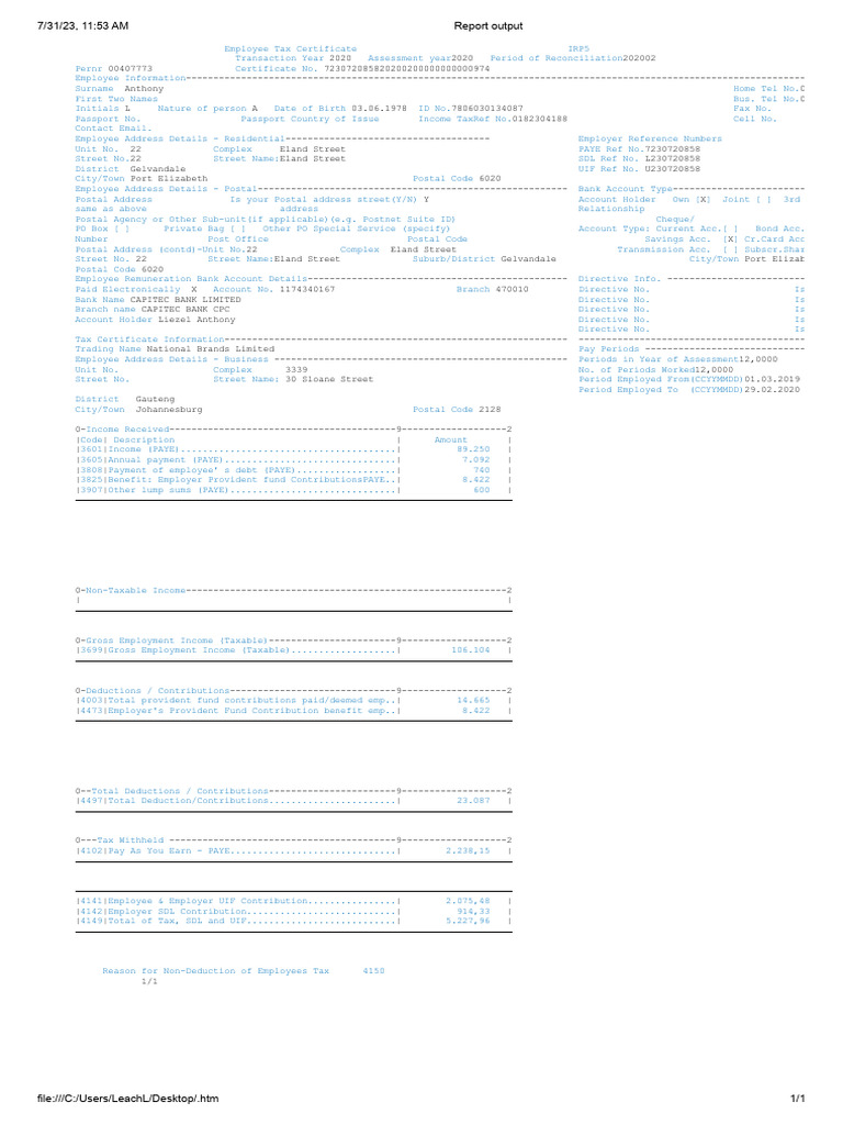 IRP5 Assesment Year 2020 | PDF | Taxation | Taxes