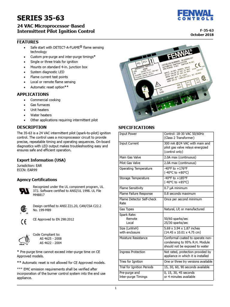 Series 35 63 - 24 VAC Intermittent Pilot Ignition Control F 35 63 | PDF ...
