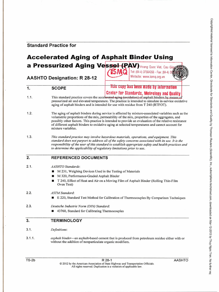 AASHTO R 28-12 Standard Practice For Accelerated Aging of Asphalt ...