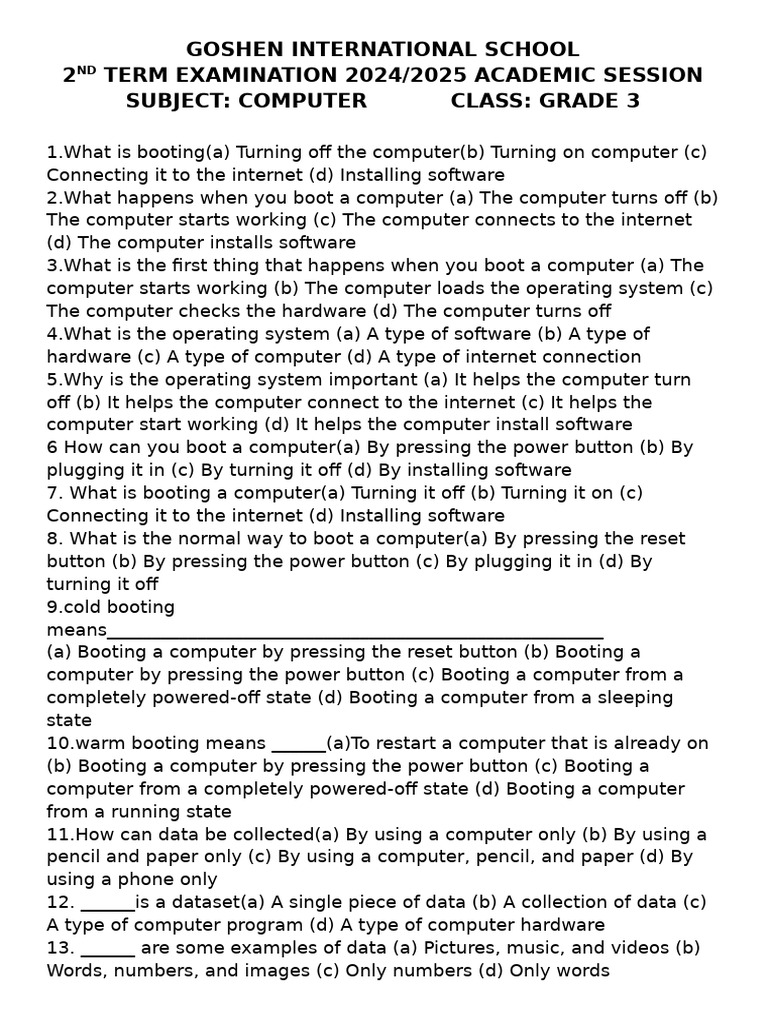 Grade 3 Computer Exam: Booting & Data | PDF | Booting | Data