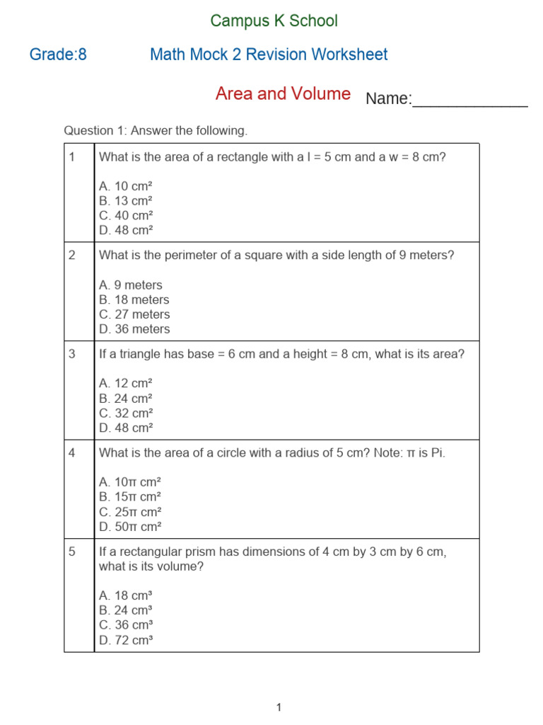 Math Mock 2 Revision Worksheet | PDF | Area | Euclidean Geometry