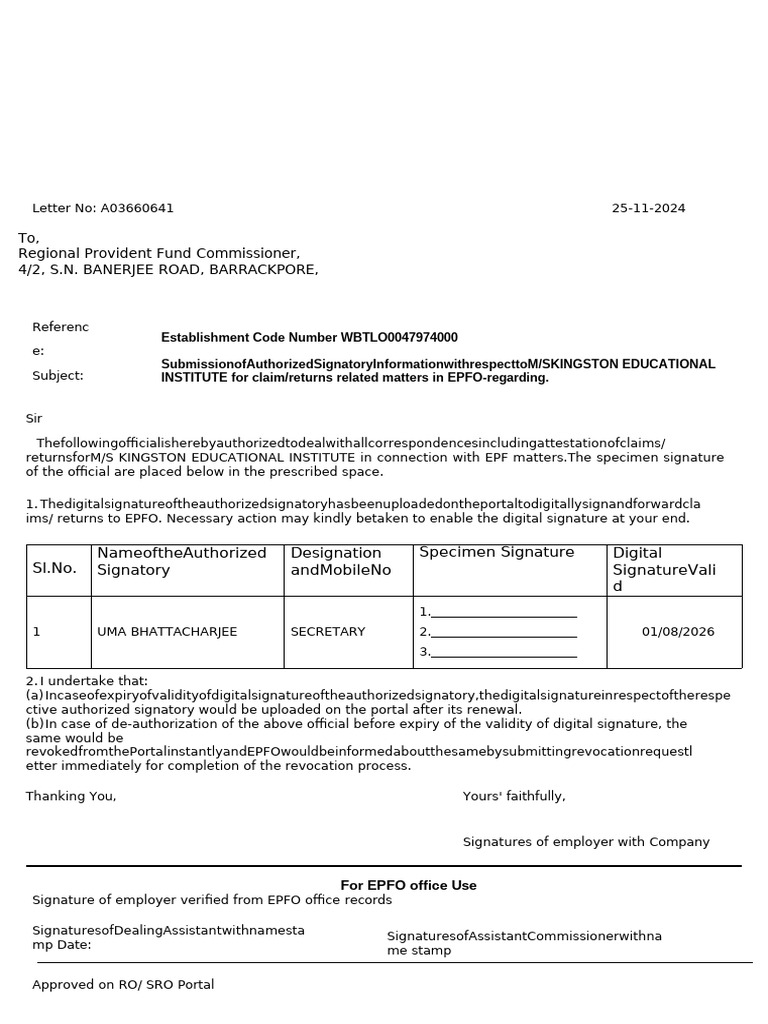 EPFO Authorization for Kingston Institute | PDF