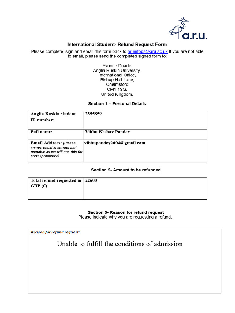ARU International Student Refund Form | PDF | Banks | Payments