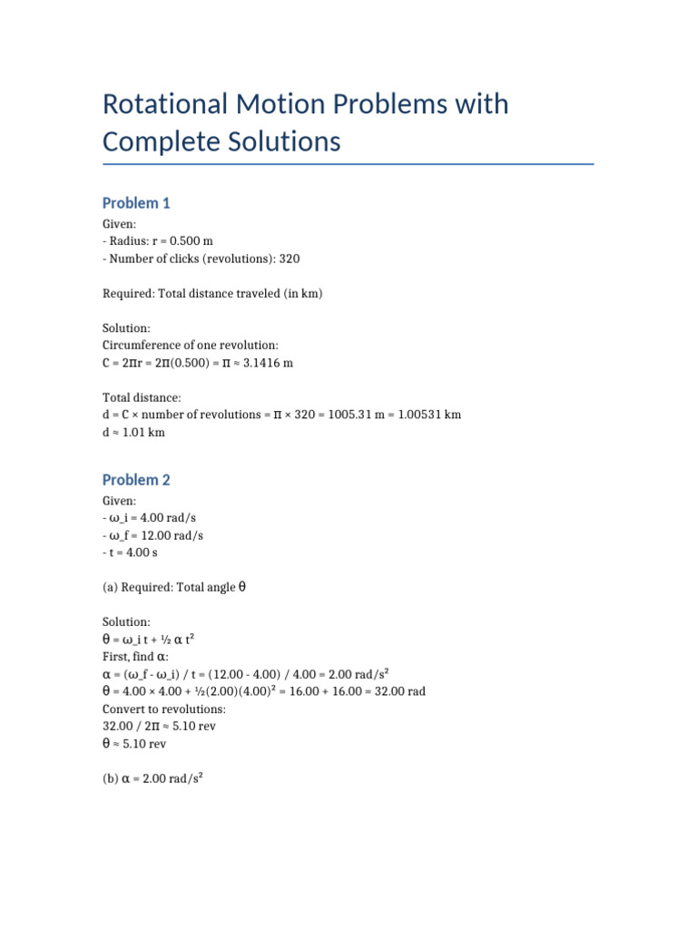 Rotational Motion Problems With Solutions | PDF | Acceleration | Physical Quantities