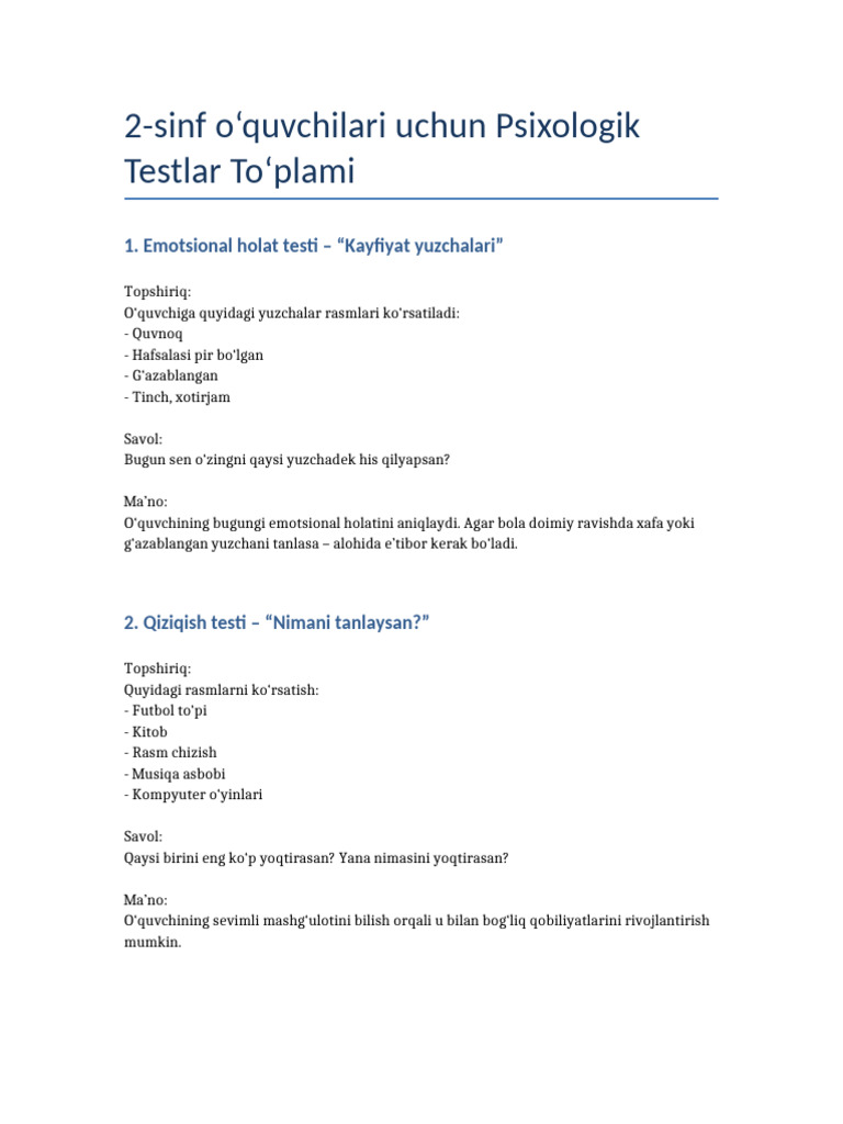 2-Sinf Psixologik Testlar | PDF