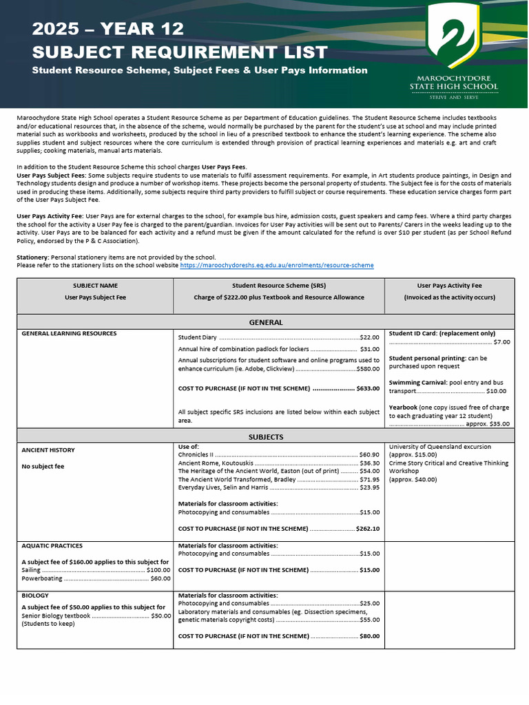 2025 Year 12 Subject Fees Overview | PDF | Textbook | Fee