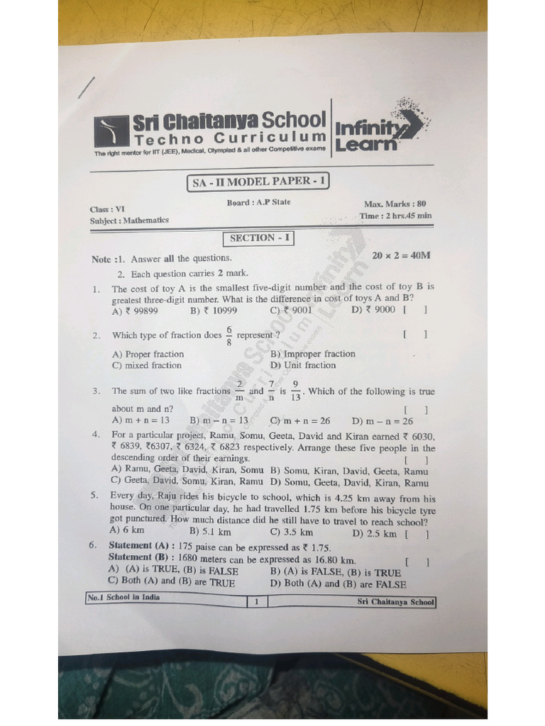 6th Class SA-2 Model Paper-1 | PDF