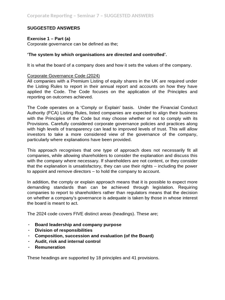 CR - Sem 7 - SUGGESTED ANSWERS - 081124 | PDF | Corporate Governance | Governance
