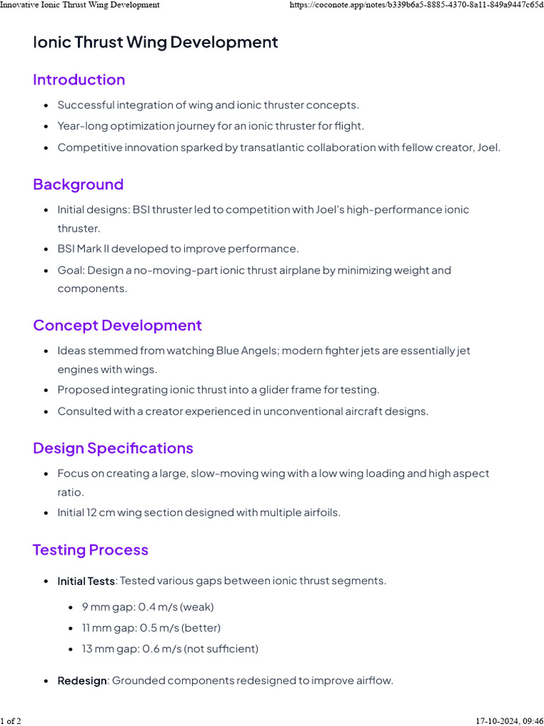 Innovative Ionic Thrust Wing Development | PDF | Thrust | Airplane