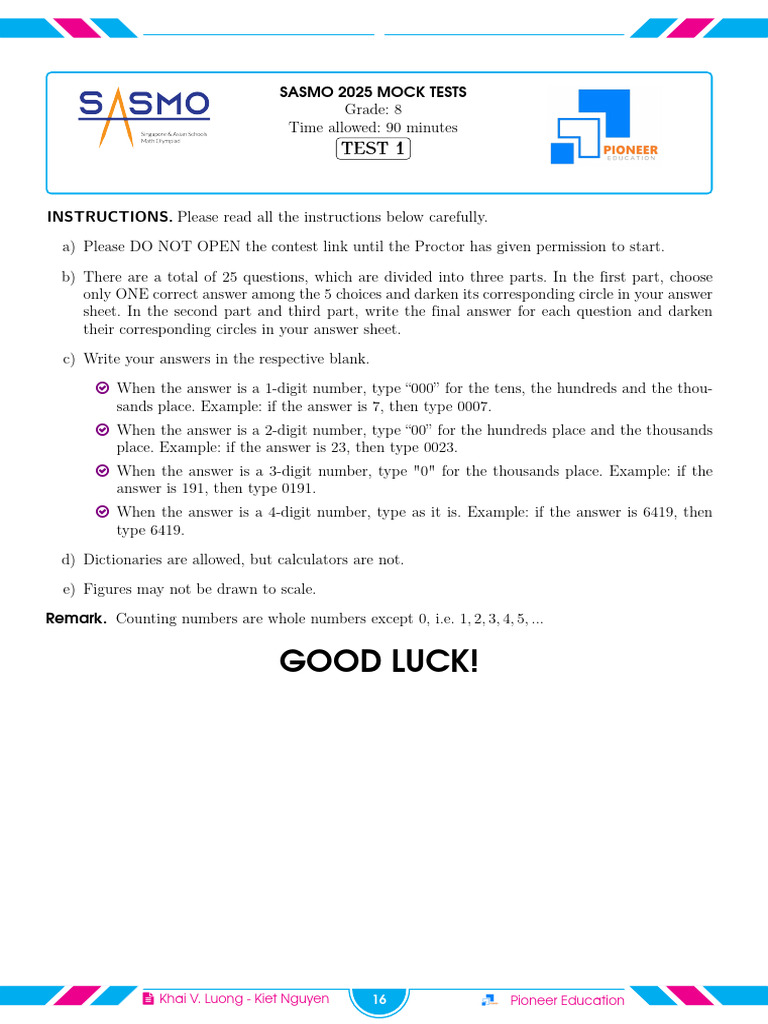 SASMO 2025 Grade 8 Mock Tests | PDF | Area | Speed
