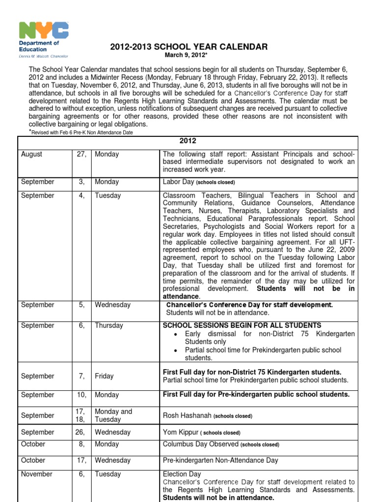 NYC 2012-2013 School Year Calendar | PDF | Regents Examinations | Early ...