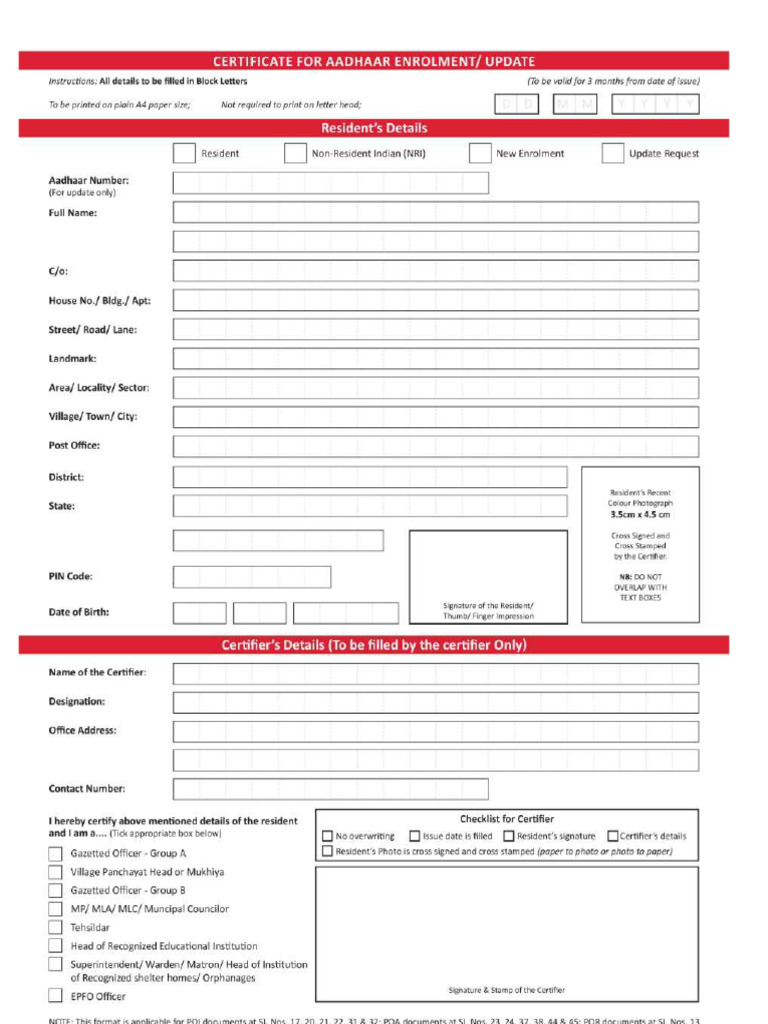 Aadhar Update Form | PDF